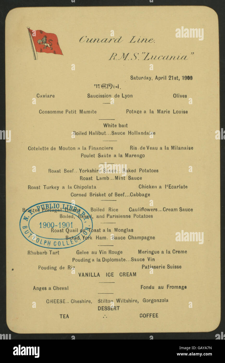 A dinner held by the Cunard Line on board the RMS Lucania, a British ...