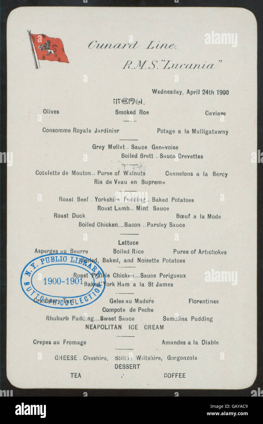 A menu from a dinner event hosted by the Cunard Line aboard the RMS ...