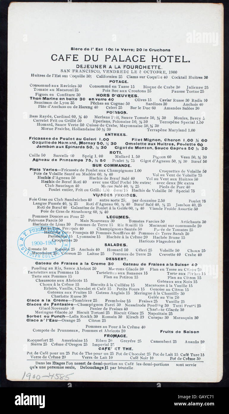 A luncheon menu served at the Palace Hotel Restaurant in San Francisco ...