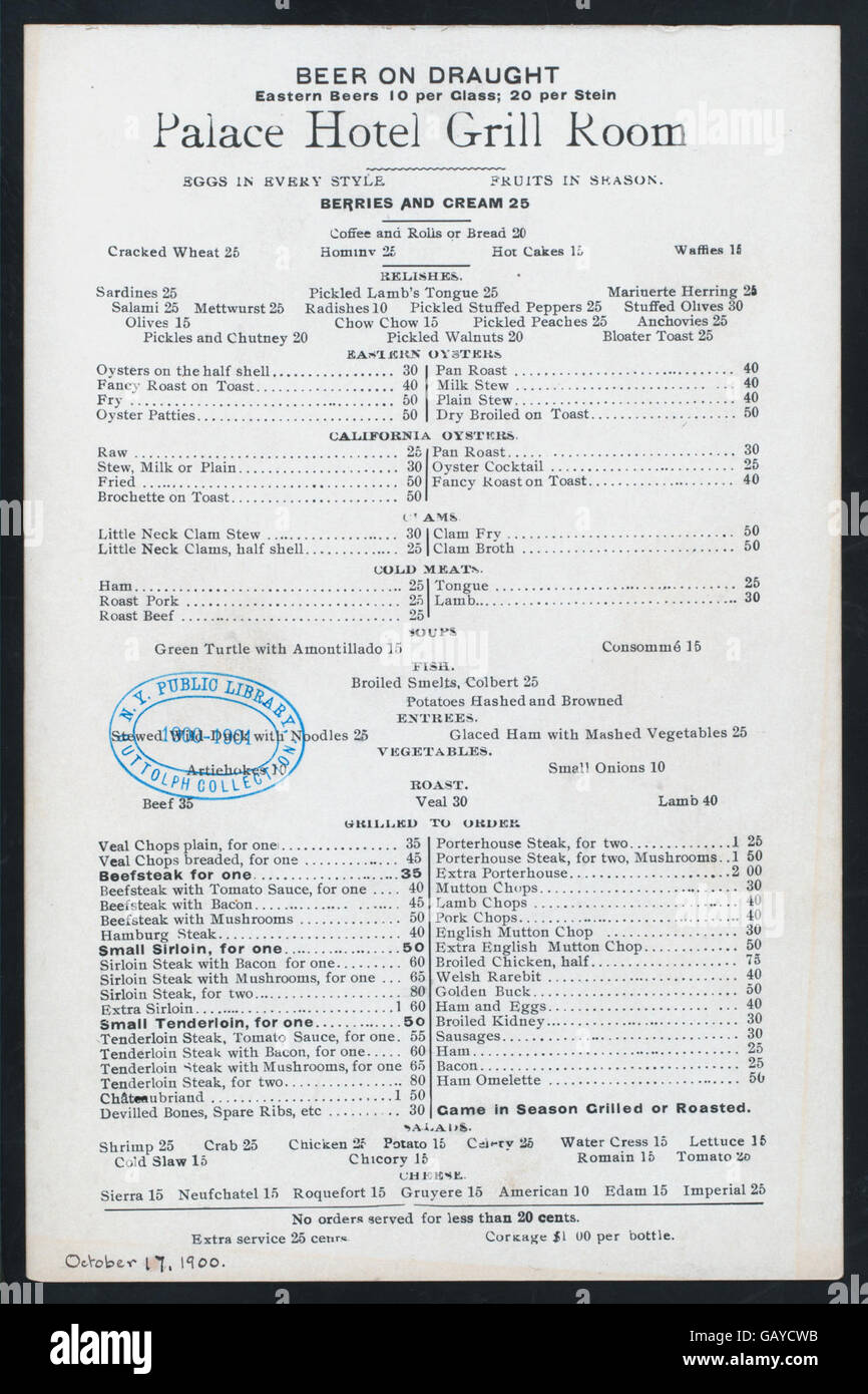 MENU (held by) PALACE HOTEL GRILL ROOM (at) (HOTEL;) ( Hades-274929 ...