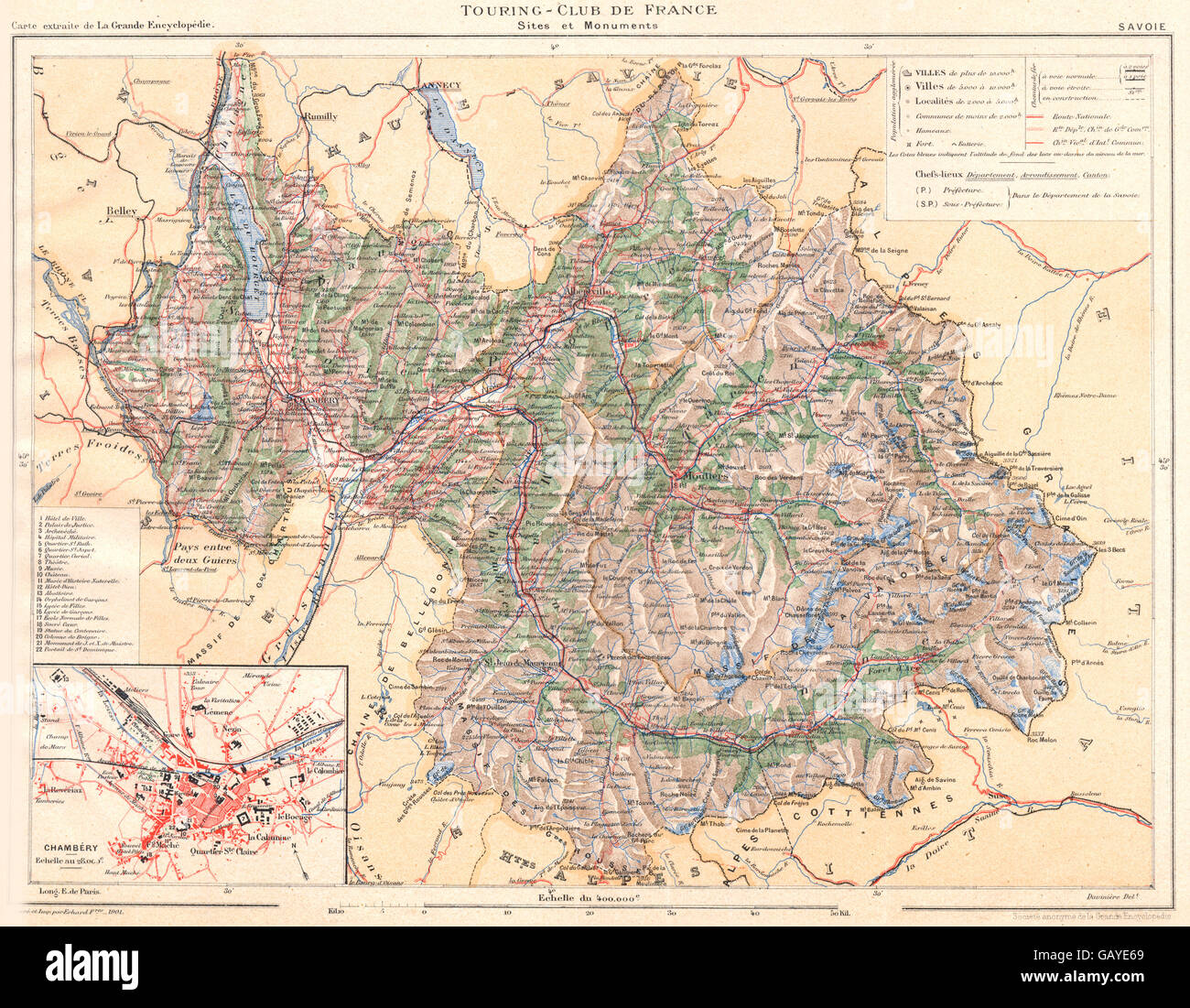 SAVOIE: Département. Inset city town map plan of Chambéry, 1903 Stock ...