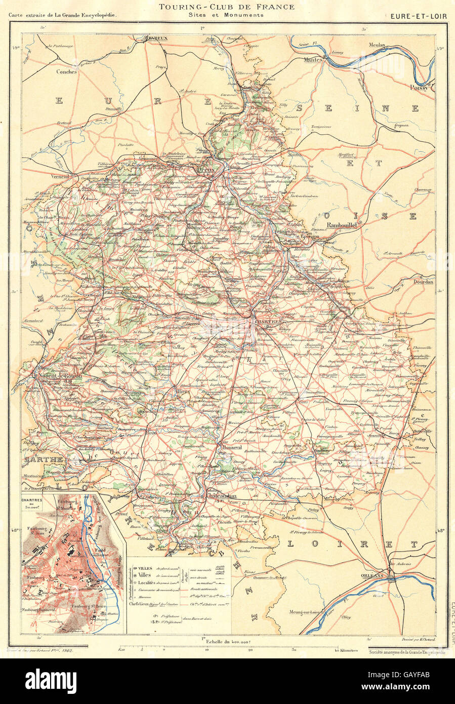 EURE-ET-LOIR: Département. Inset city town map plan of Chartres au ...