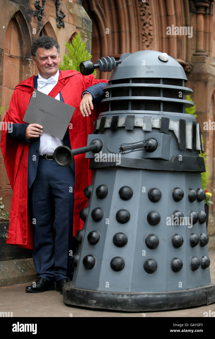 Dr Who writer and producer Steven Moffat with a Dalek after he received ...