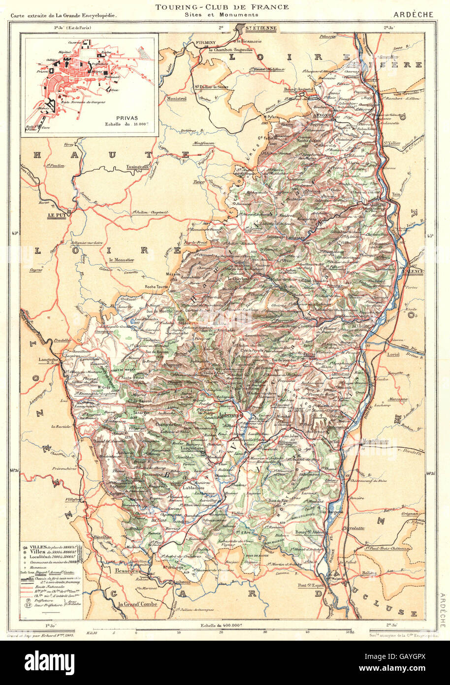 ARDÈCHE: Département. Inset city town map plan of Privas, 1903 Stock ...