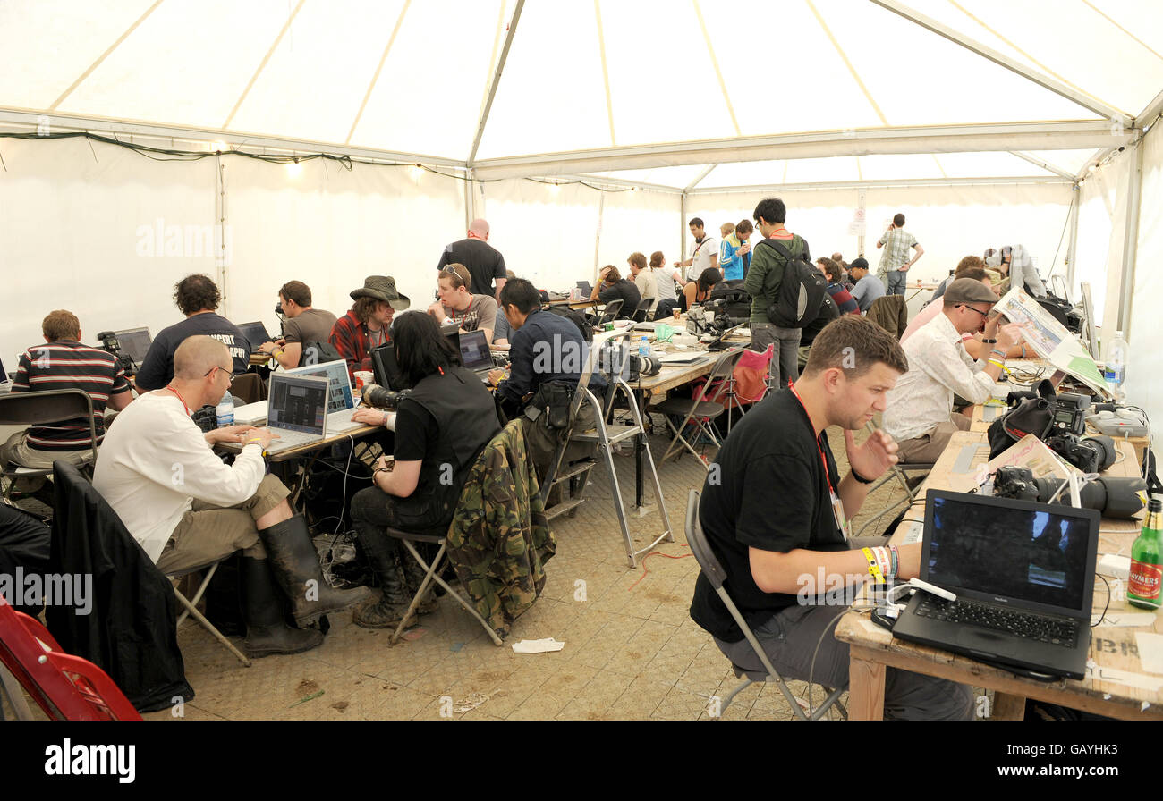 General view of the press tent during the 2008 Glastonbury Festival ...