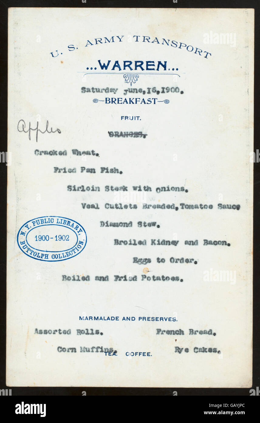 Menu for a breakfast served aboard the U.S. Army Transport ship Warren ...