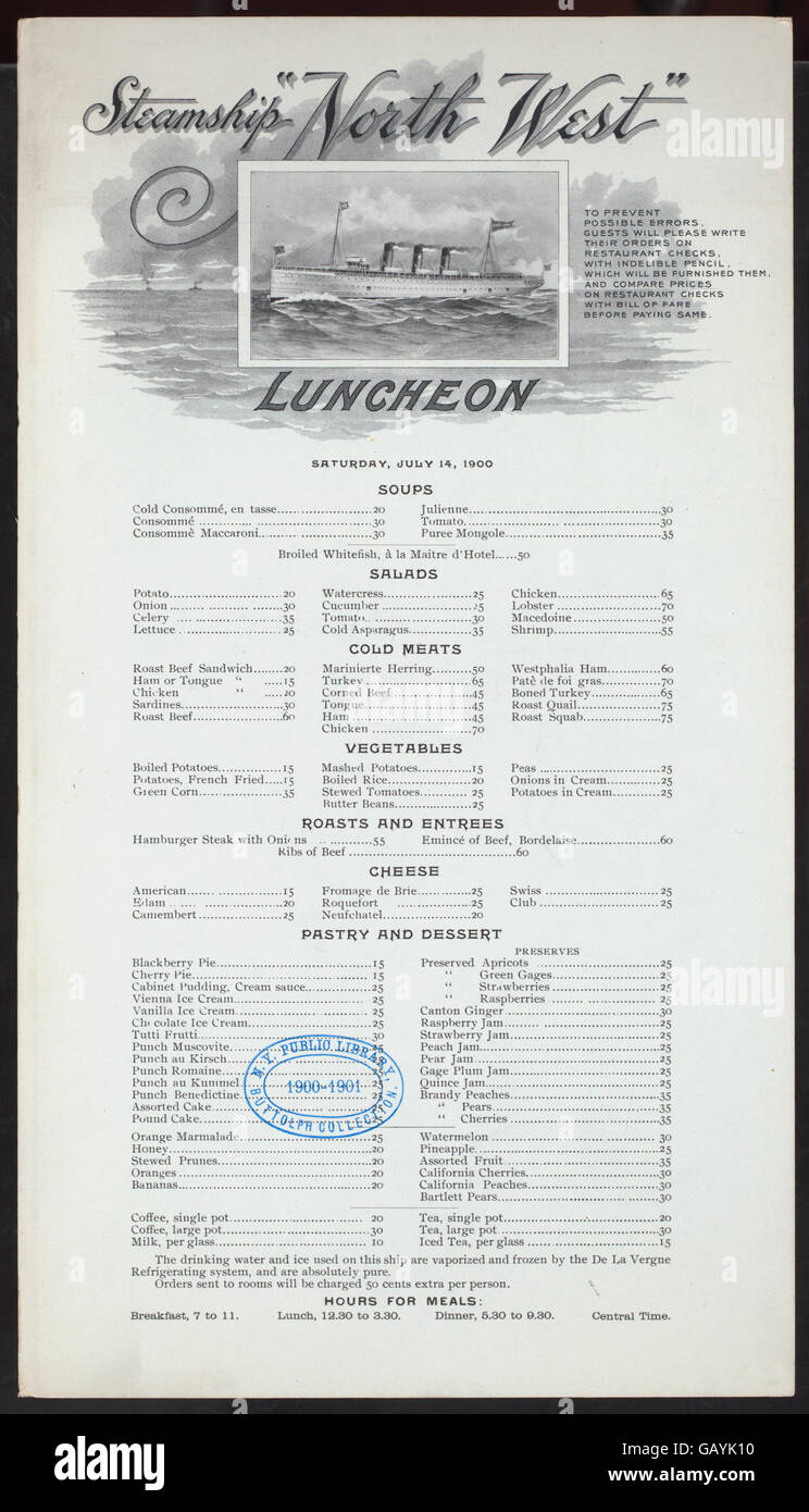 Menu from a luncheon held on board the SS North West, operated by the ...