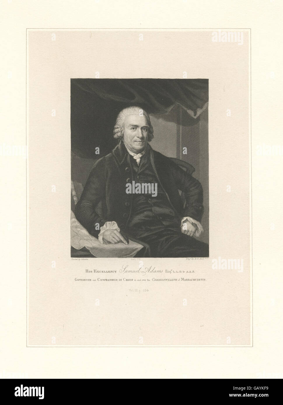 Portrait of Samuel Adams, an influential American politician and Founding Father, holding the ...