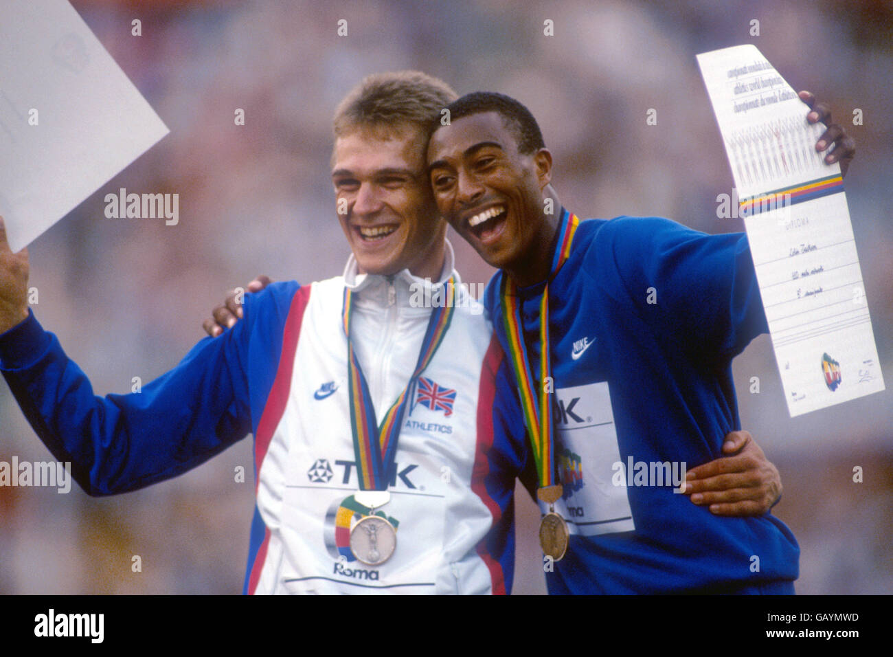 Great Britain's Jon Ridgeon (l) and Colin Jackson (r) celebrate winning ...