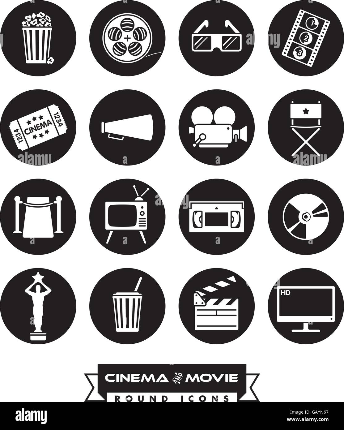 Collection of 16 cinema and movie related vector icons, negative in ...