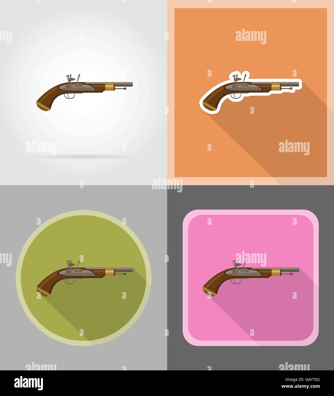 old retro flintlock pistol flat icons vector illustration isolated on ...
