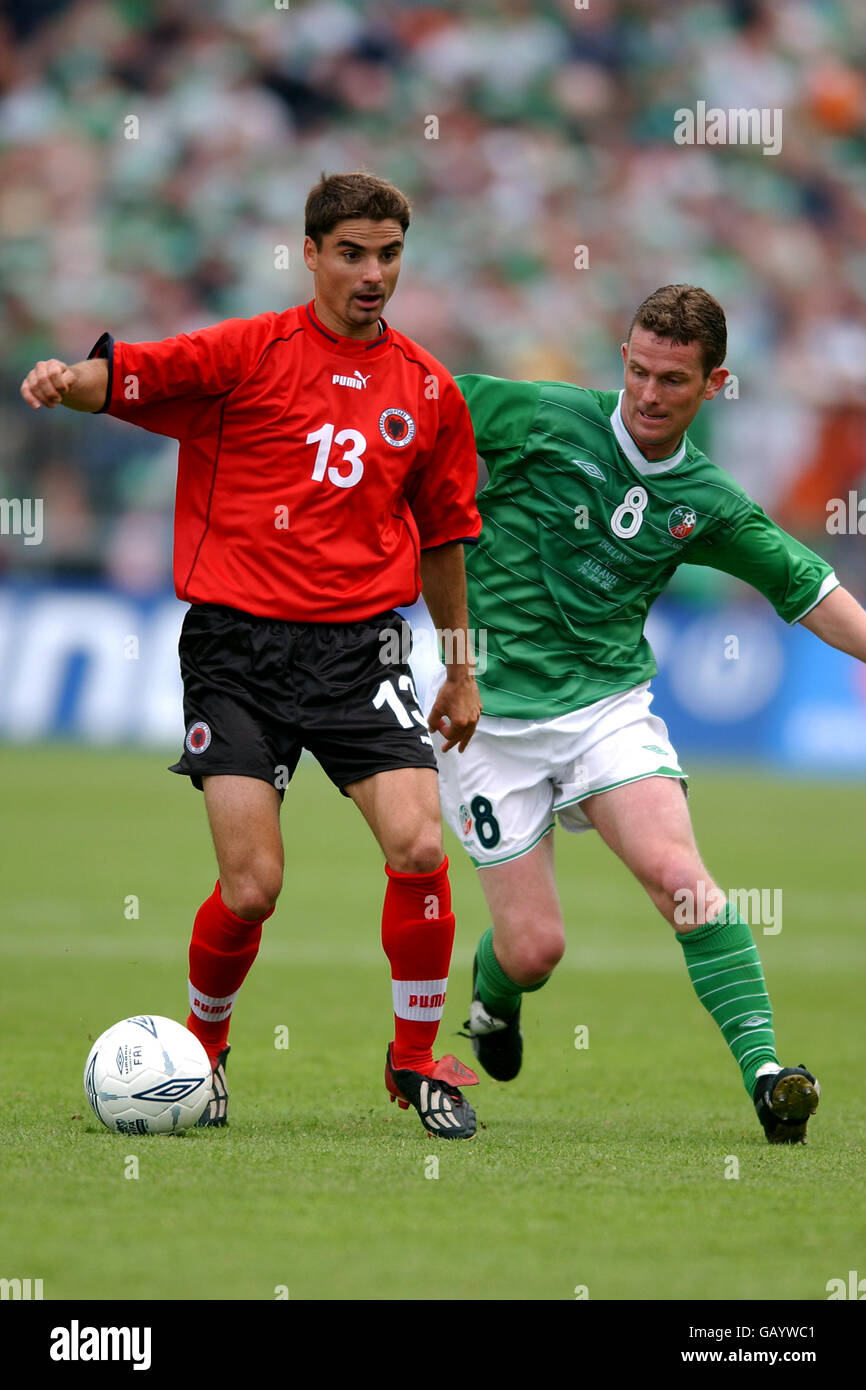 Ireland's Mark Kinsella watches over Albania's Ervin Skela Stock Photo ...