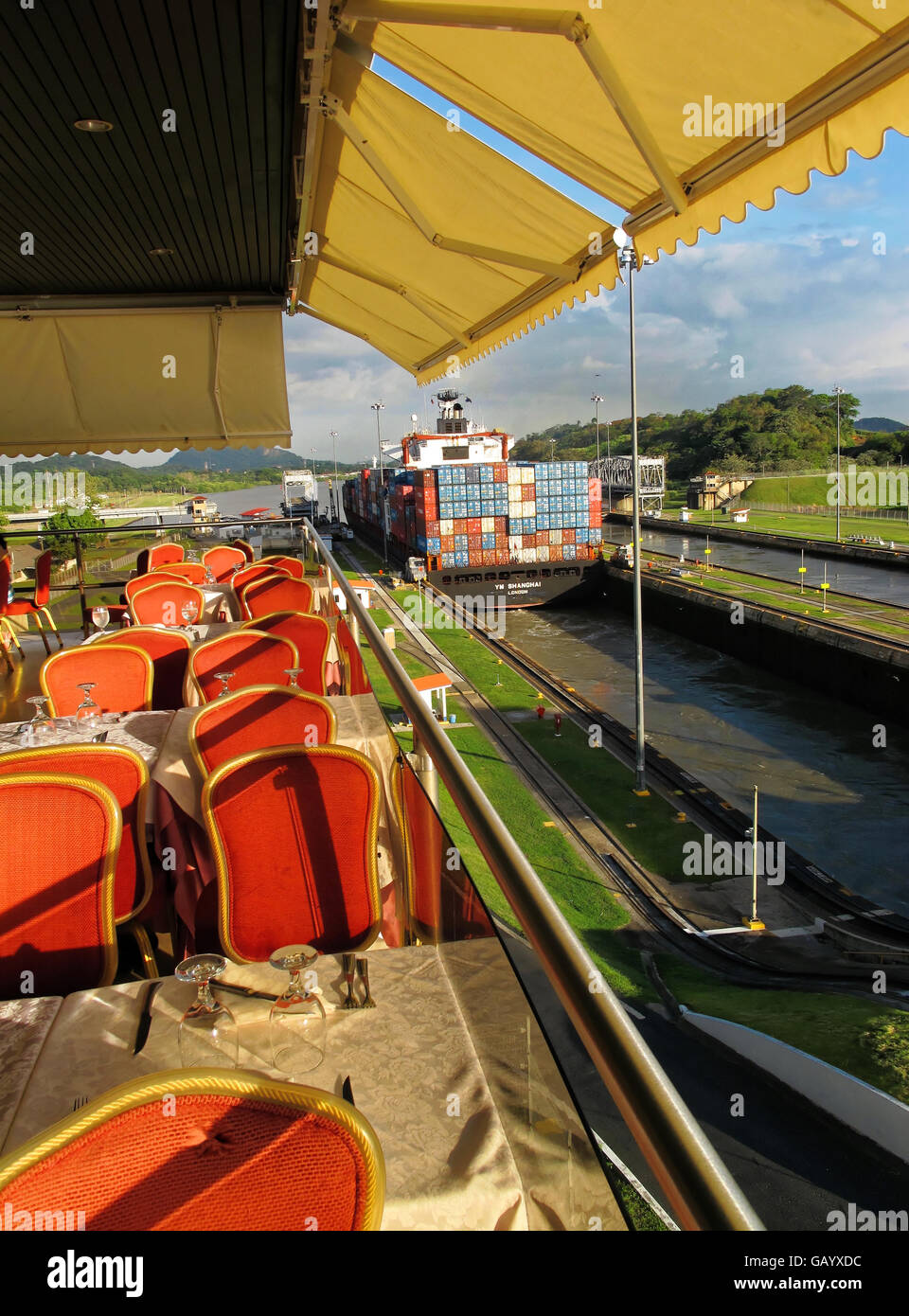 Observation deck and restaurant at the Panama Canal Miraflores locks ...