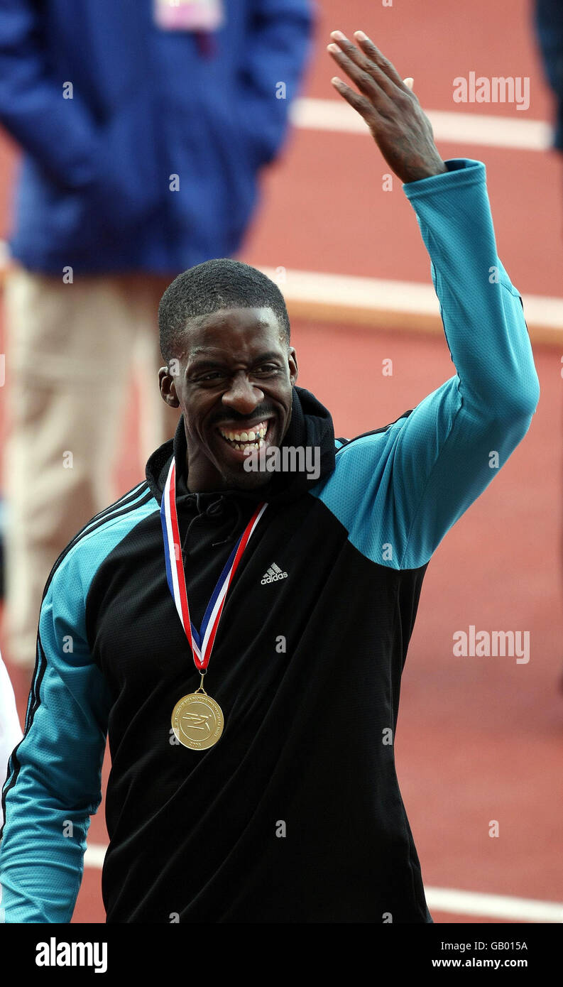 Dwain Chambers celebrates his win in the 100 meters final during the ...