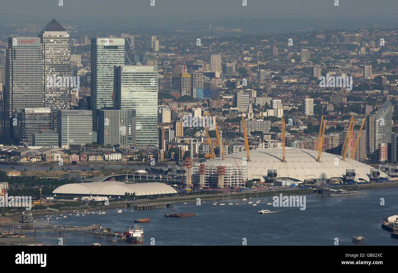 Aerial photo showing Canary Wharf and the O2 Arena, formerly known as ...