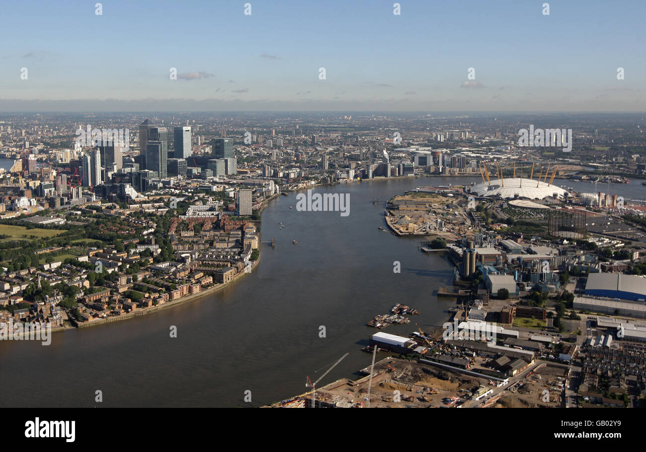 Aerial photo of Canary Wharf (left) and the O2 Arena, formerly known as ...