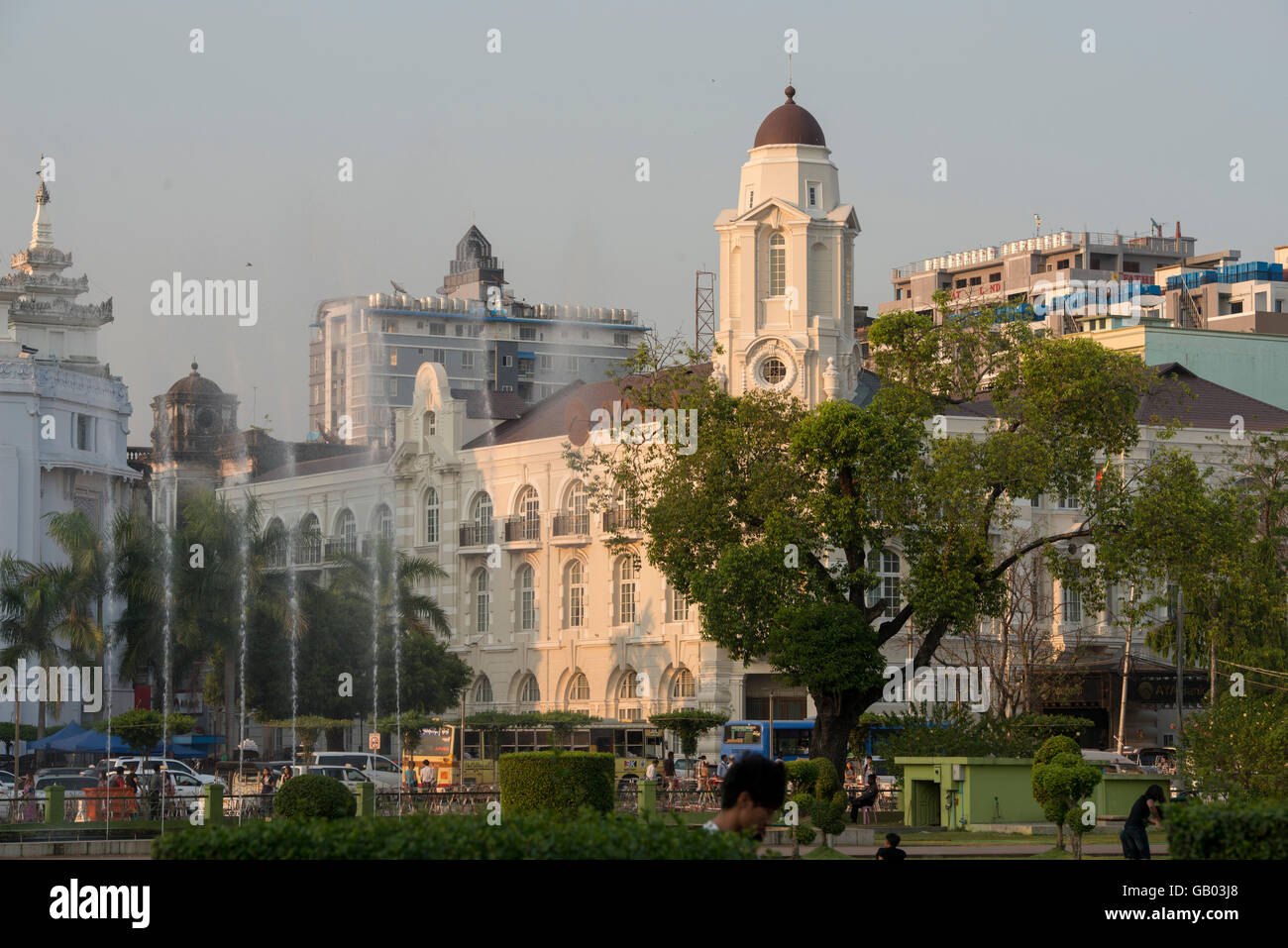 The Maha Bandoola Park with the AYA Bank in the City of Yangon in ...
