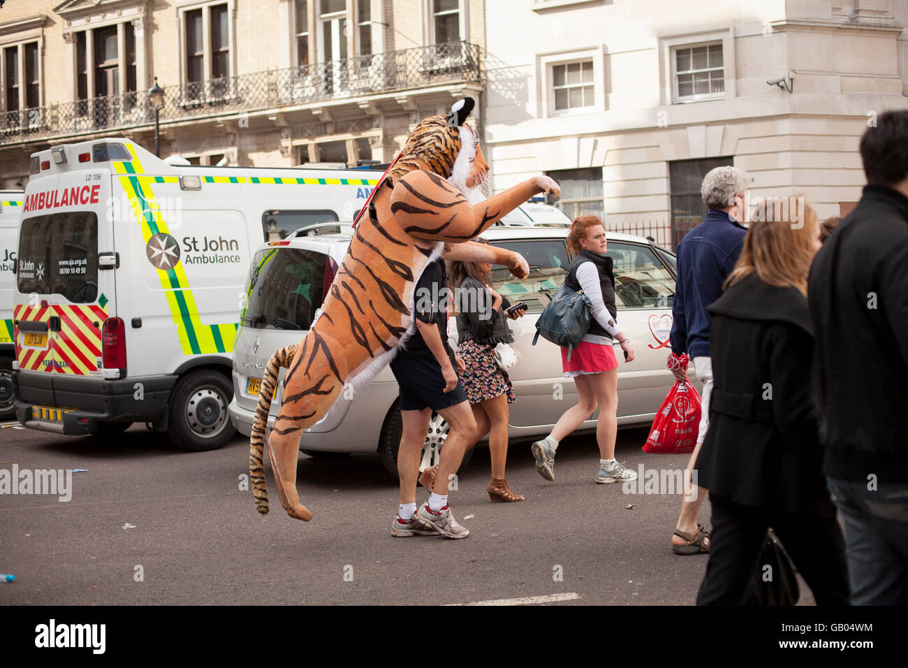 A runner with a tiger fancy dress competition after completing the ...