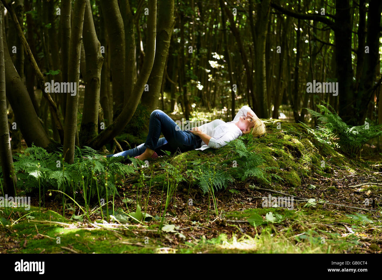 Beautiful woman posing for photograph in woods with dappled sunlight ...