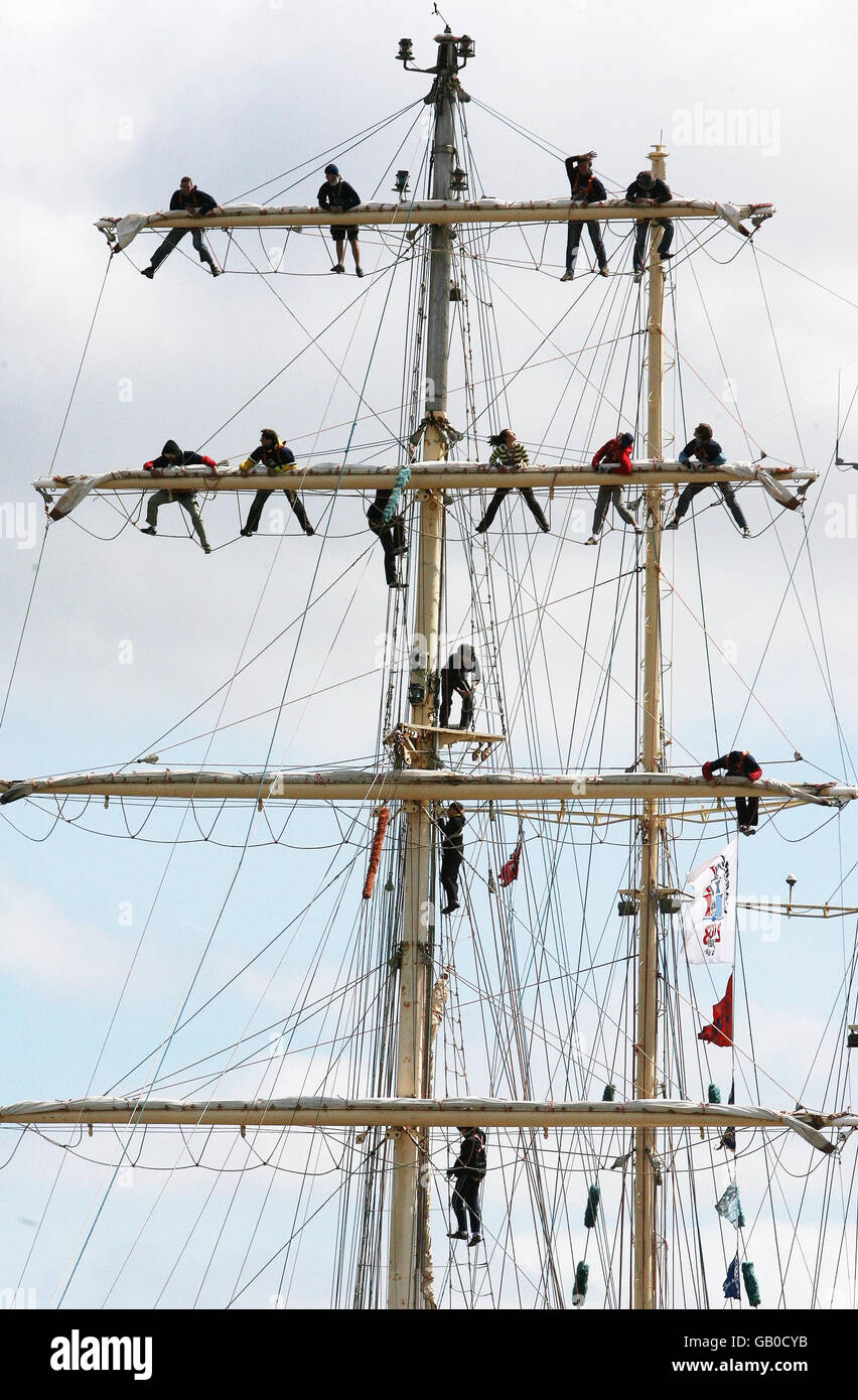 Crew onboard one of the Tall Ships on the River Mersey as part of the ...
