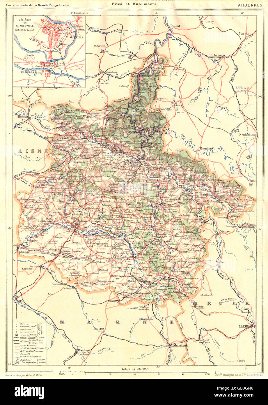 ARDENNES: Département. Inset city town map plan of Mézières et ...