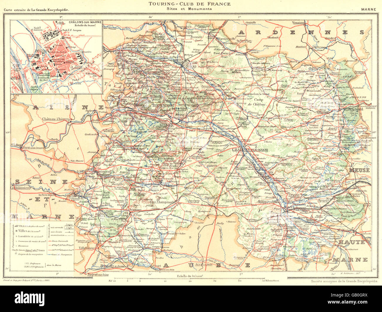 MARNE: Département. Inset city town map plan of Châlons-sur-Marne, 1906 ...