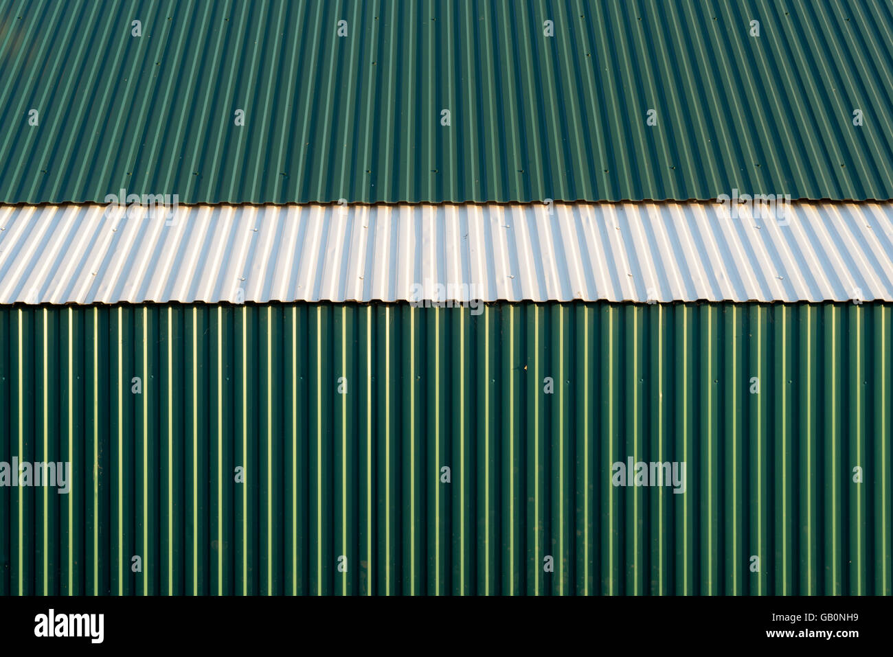 Green and white corrugated metal surface of a wall and roof with ...