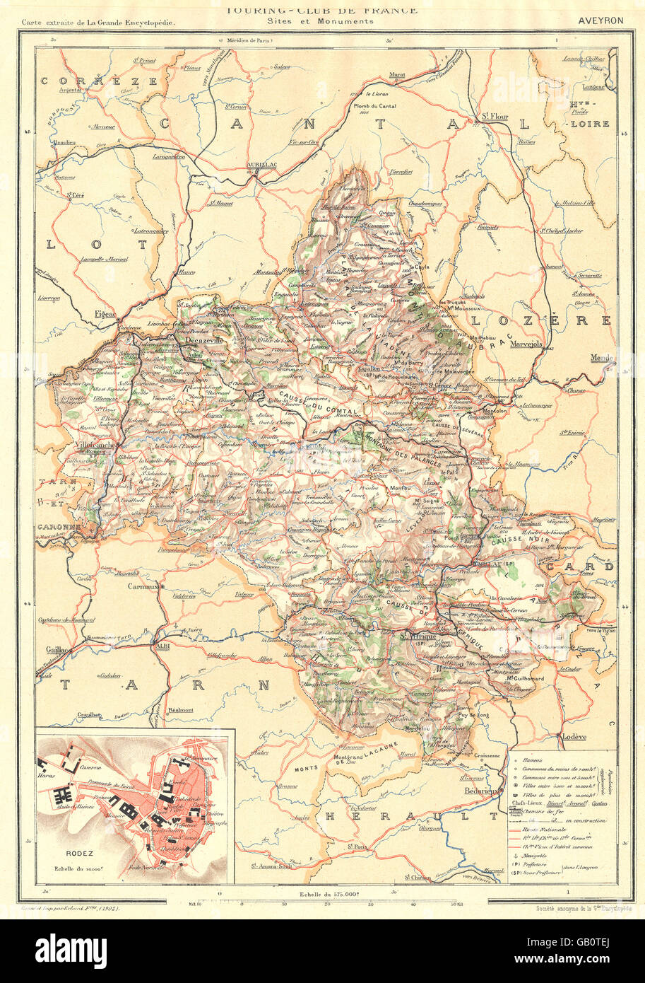 AVEYRON: Département. Inset city town map plan of Rodez, 1903 Stock ...