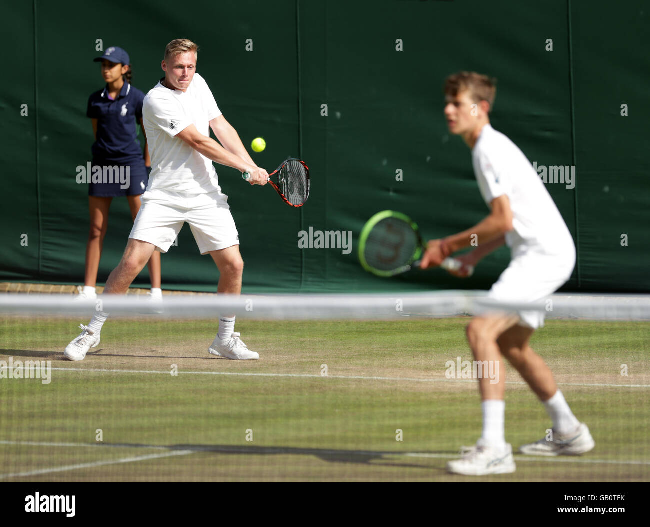 Fin Bass (left) and Alastair Gray in action during the boys doubles on ...