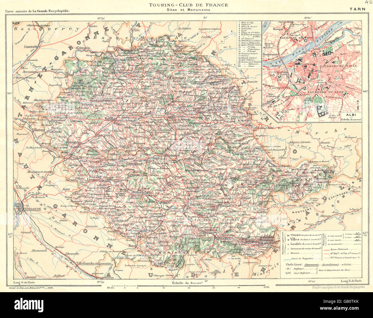 TARN: Département. Inset city town map plan of Albi, 1903 Stock Photo ...