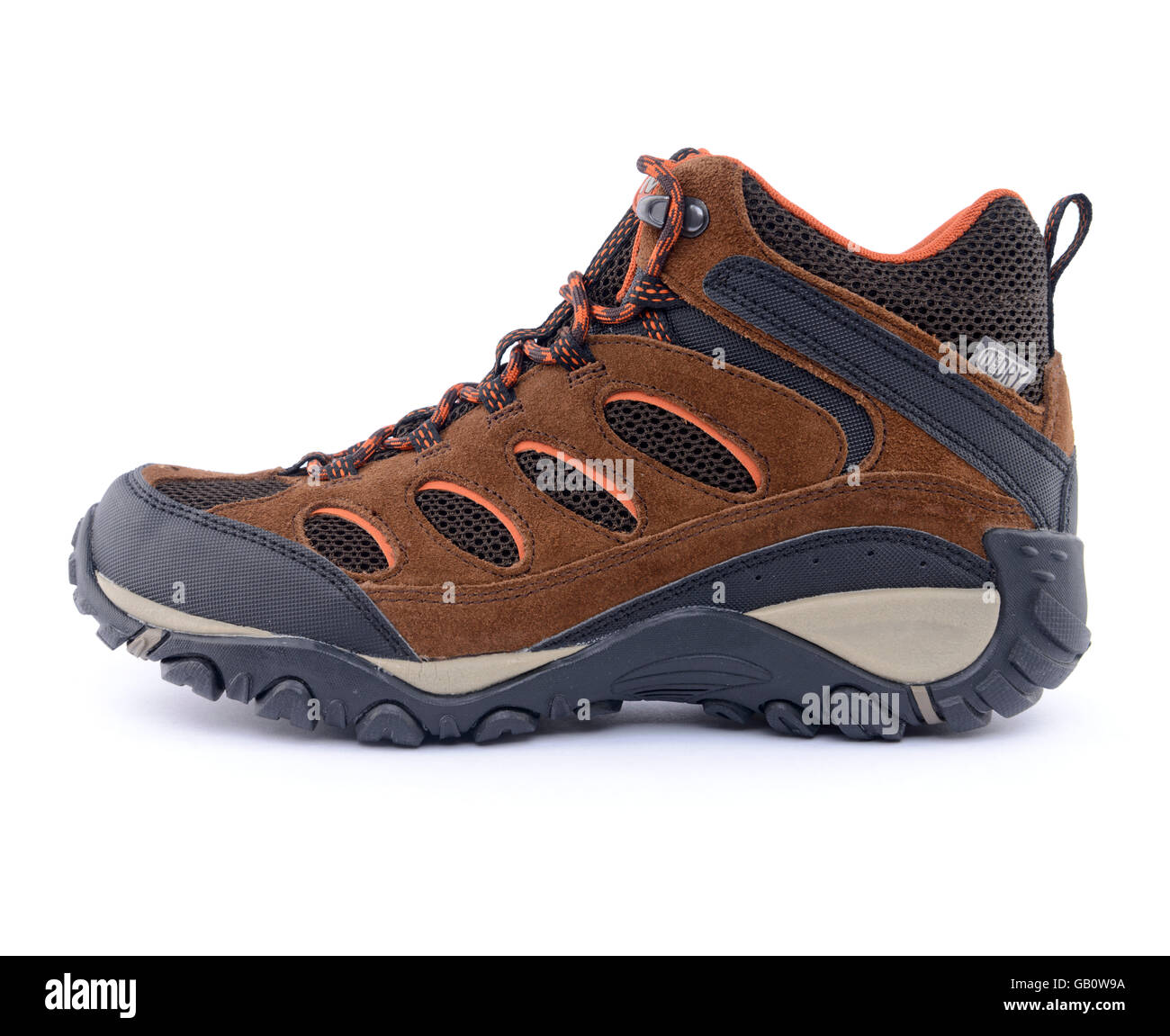 Side view of a brown high top walking boot isolated on white background ...