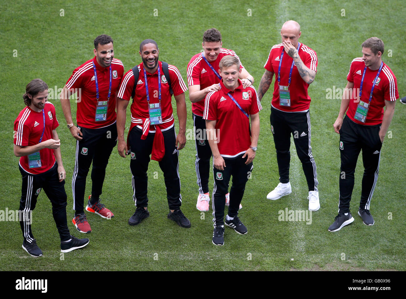 Wales' Ashley Williams (third left) enjoys a laugh with team-mates ...