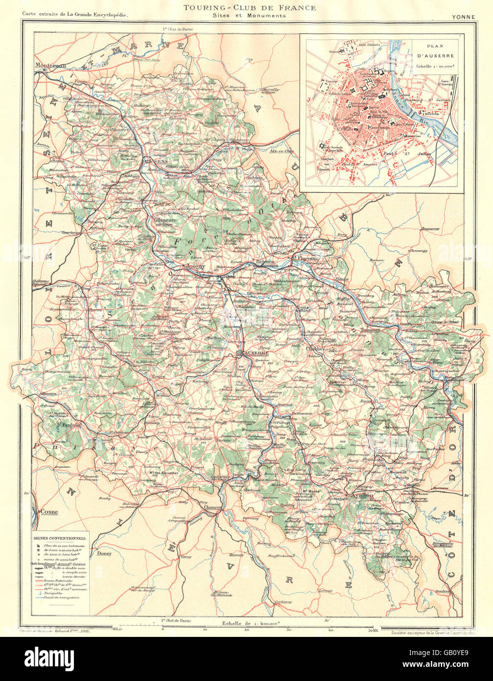 YONNE: Département. Inset city town map plan of Plan D'Auxerre, 1905 ...