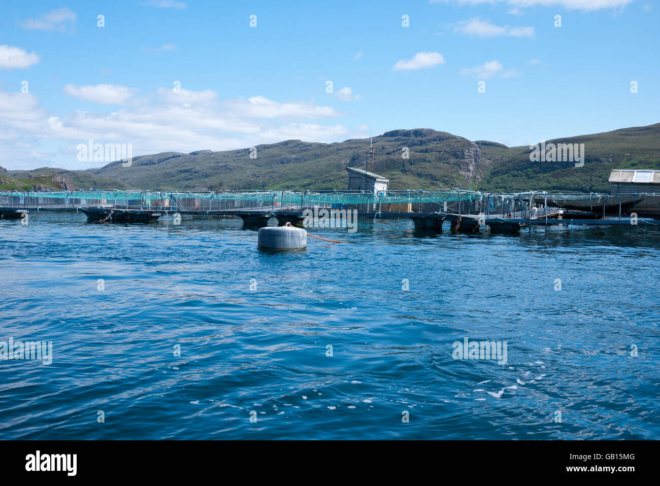 Salmon fish Farms in Loch Canaird, near Ardmair, Scotland, UK Stock ...