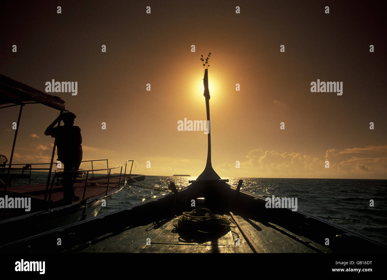 a dhoni Boat on the coast of the island and atoll of the Maldives ...