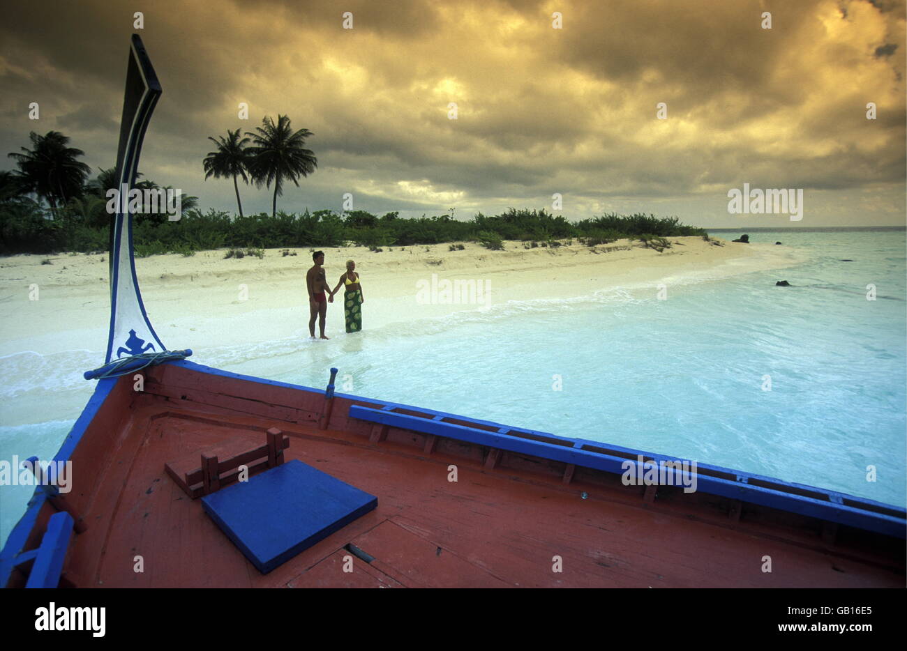 a dhoni Boat on the coast of the island and atoll of the Maldives ...