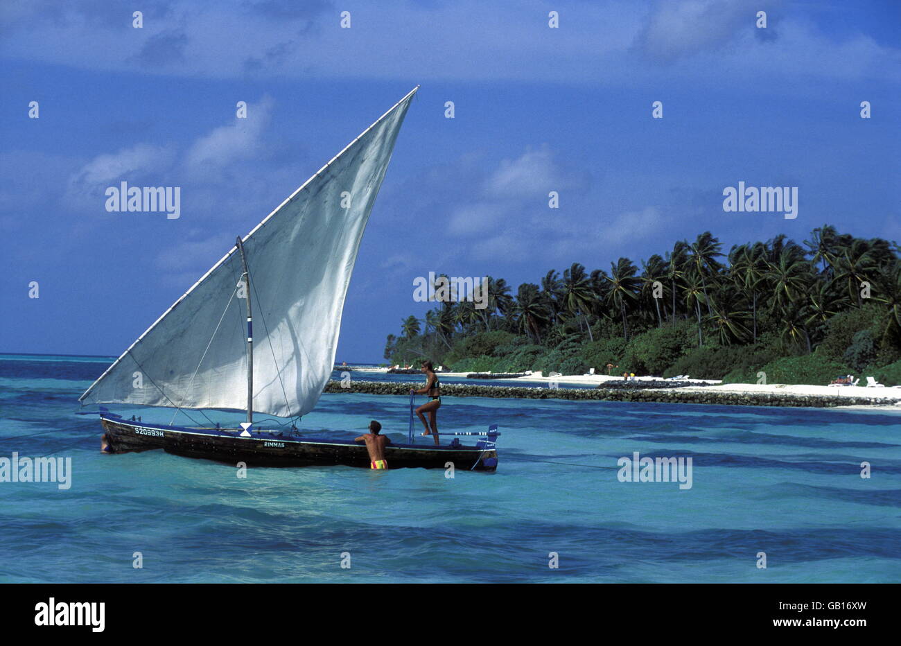 a dhoni Boat on the coast of the island and atoll of the Maldives ...