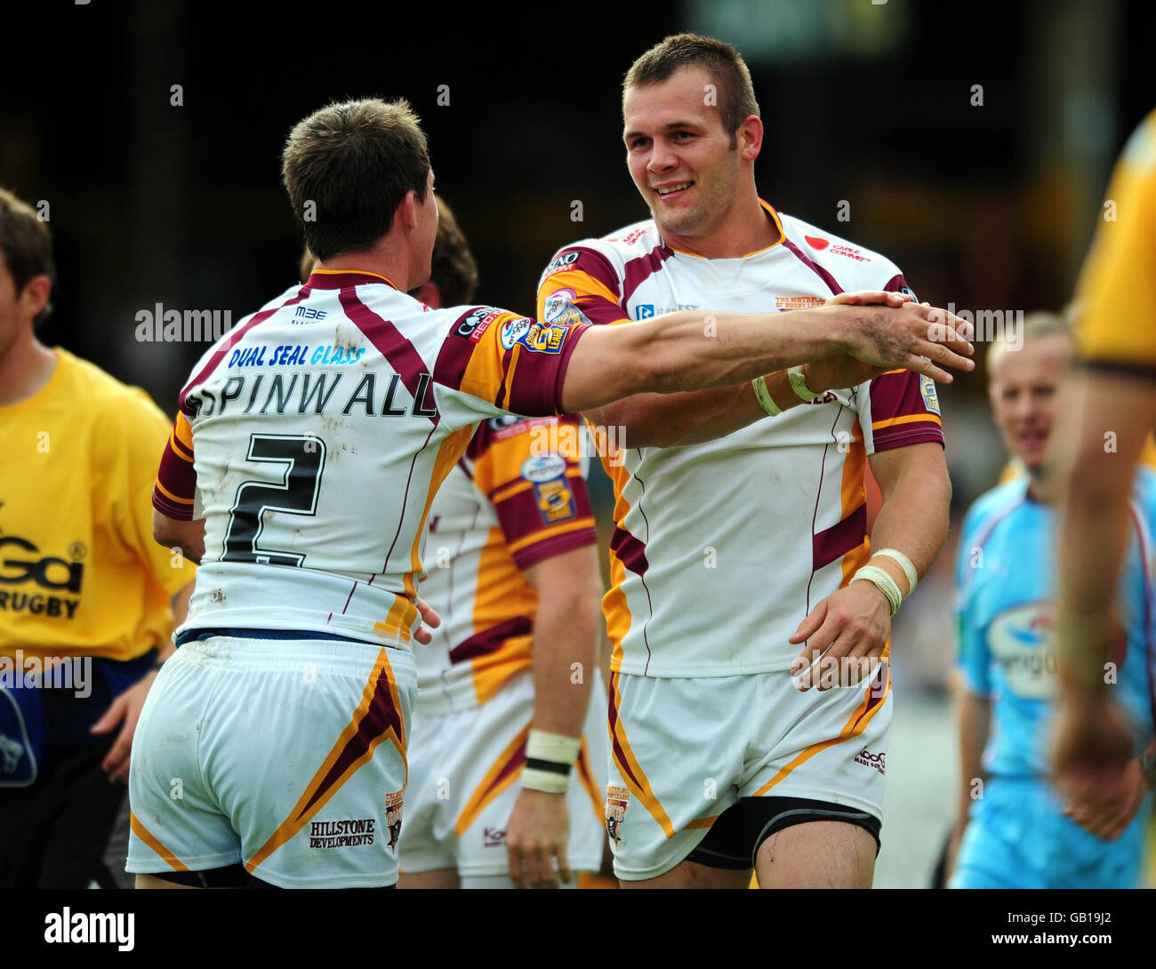 Huddersfield Giants' Darrell Griffin (right) celebrates his try with ...