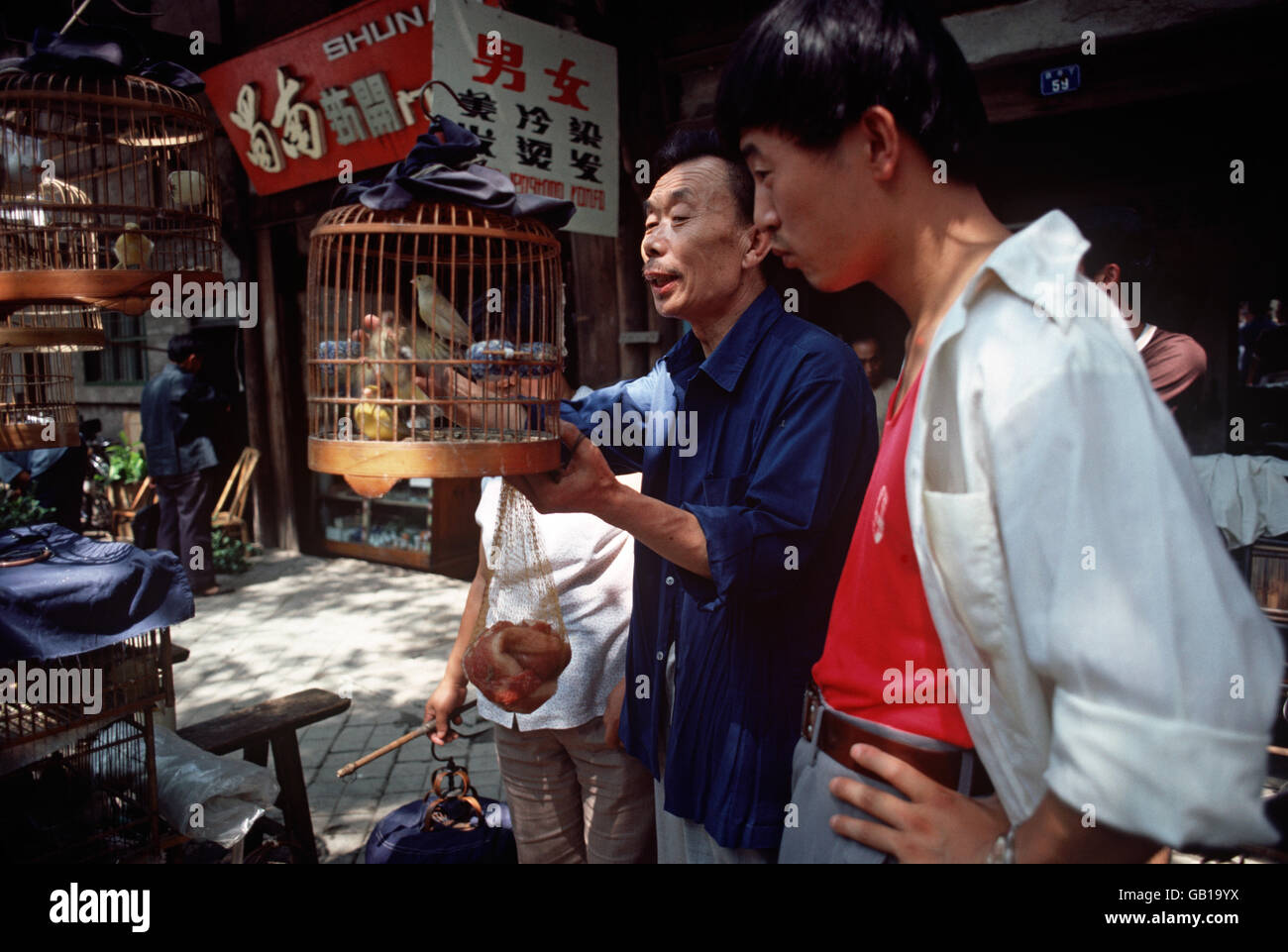 caged bird in Chengdu bird market, Sichuan Province, China, 1980 Stock ...
