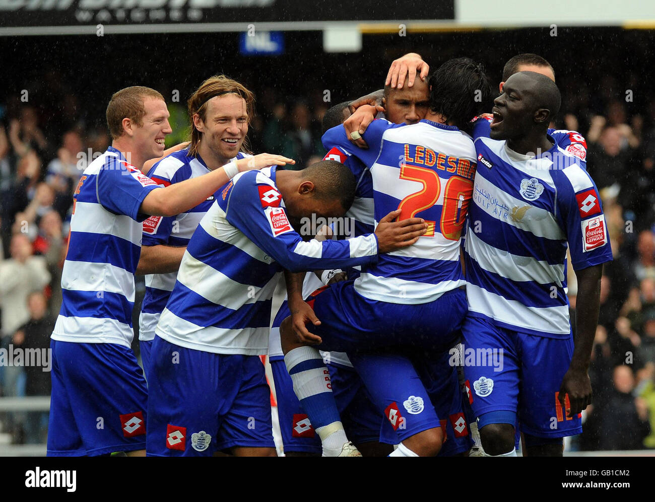 QPR's Fitz Hall (centre) is congrtaulated after his 2nd goal during the ...