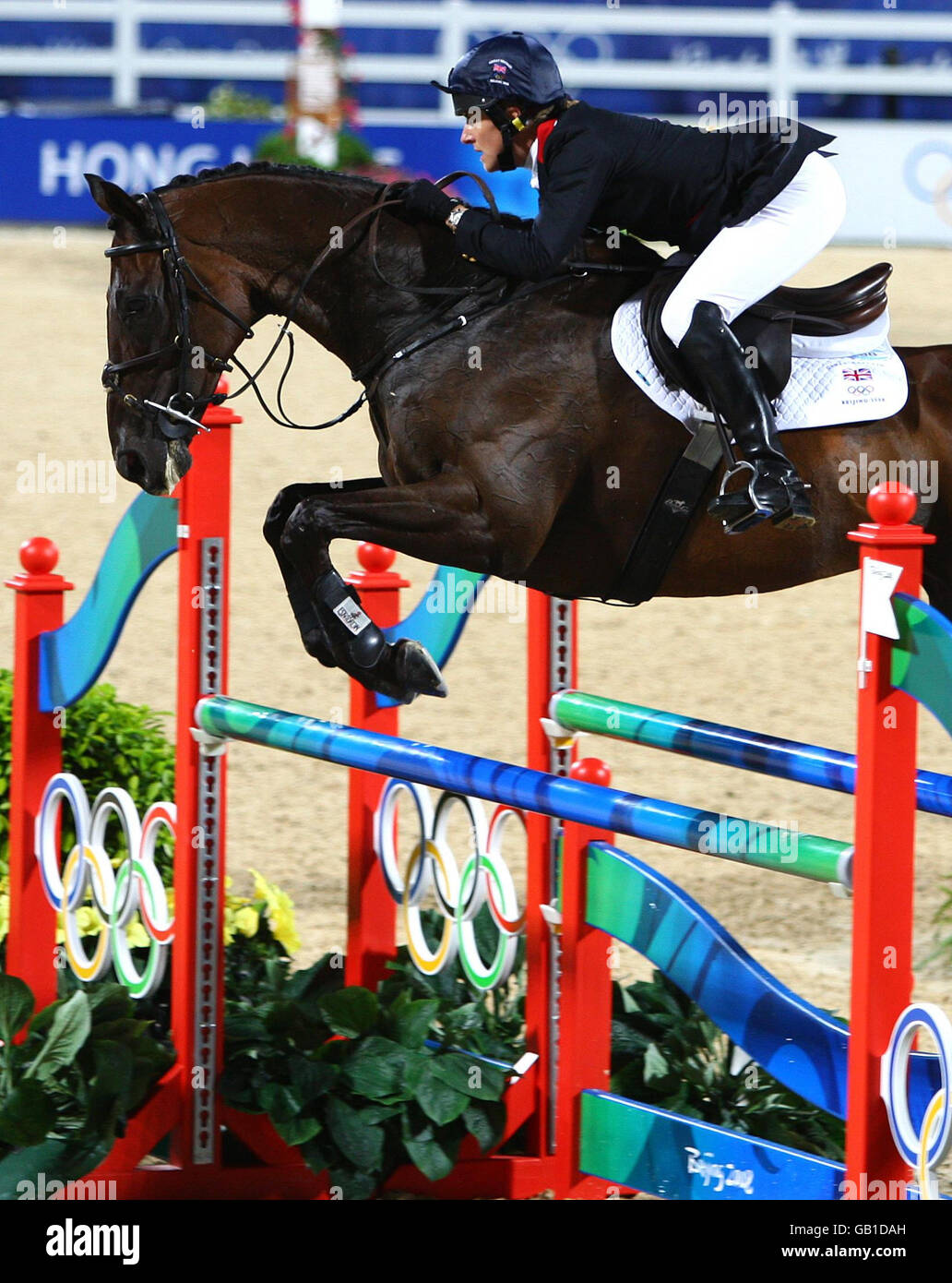 Full length action jumping fence horse showjumping hi-res stock ...