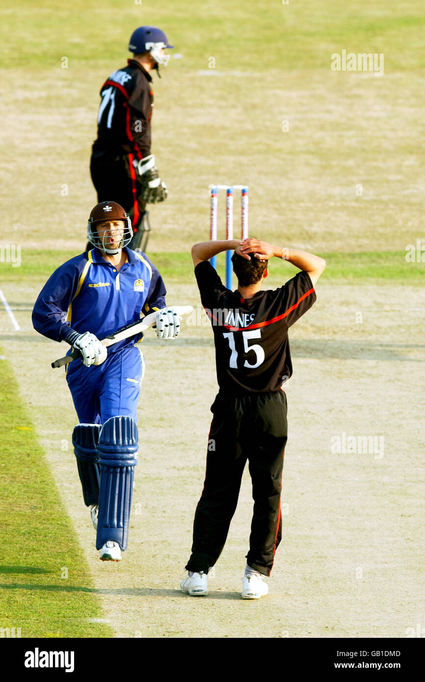 Sussex bowler Kevin Innes puts his head in his hands as Ian Sailsbury ...
