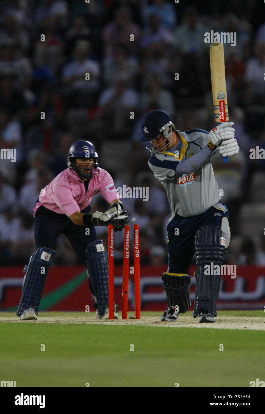 Kent Spitfires' Robert Key survives this stumping by Ben Scott during ...