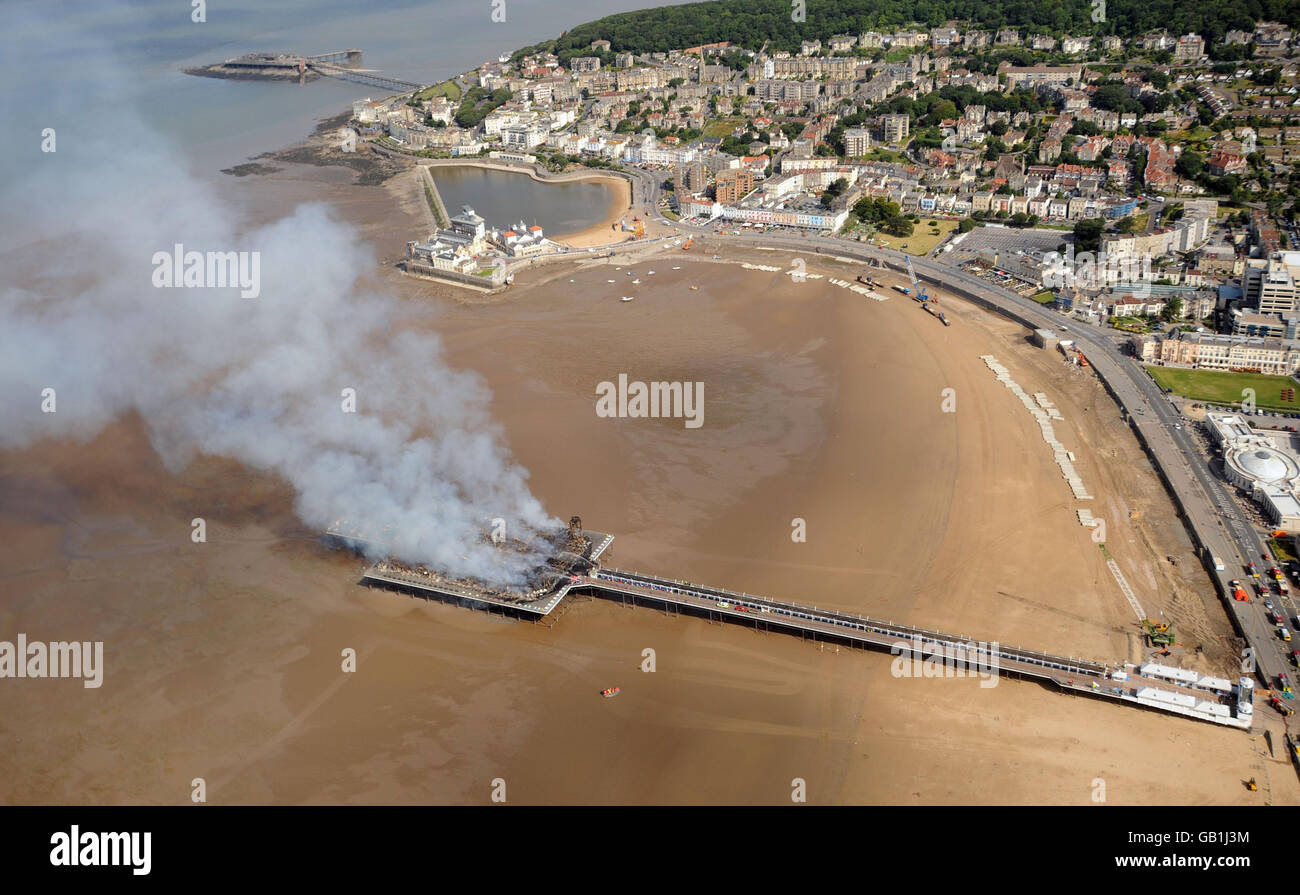 Aerial view of the Grand Pier at Weston-super-Mare after a major fire ...