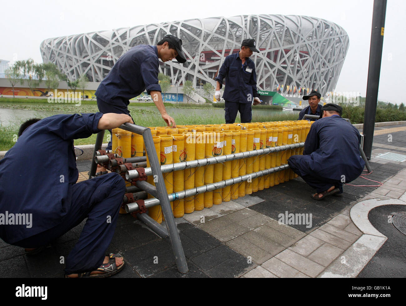 Fire work launchers are constructed by engineers in preperation for the ...