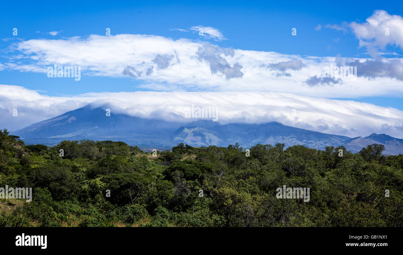 Volcano Miravalles covered with clouds, trees in the foreground Stock ...