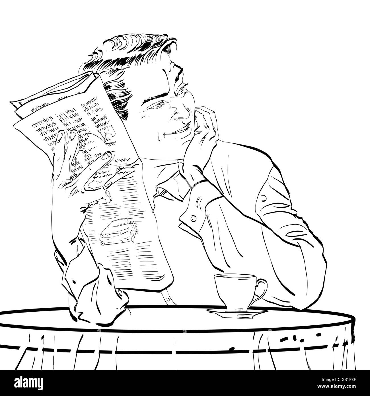 Newspaper reading man table Black and White Stock Photos & Images - Alamy