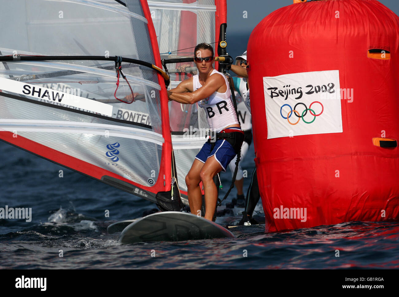 Great Britain's RS:X sailor Bryony Shaw rounds a leeward mark at the ...