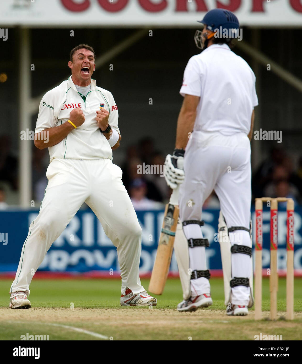 South Africa's Andre Nel celebrates dismissing England captain Michael ...