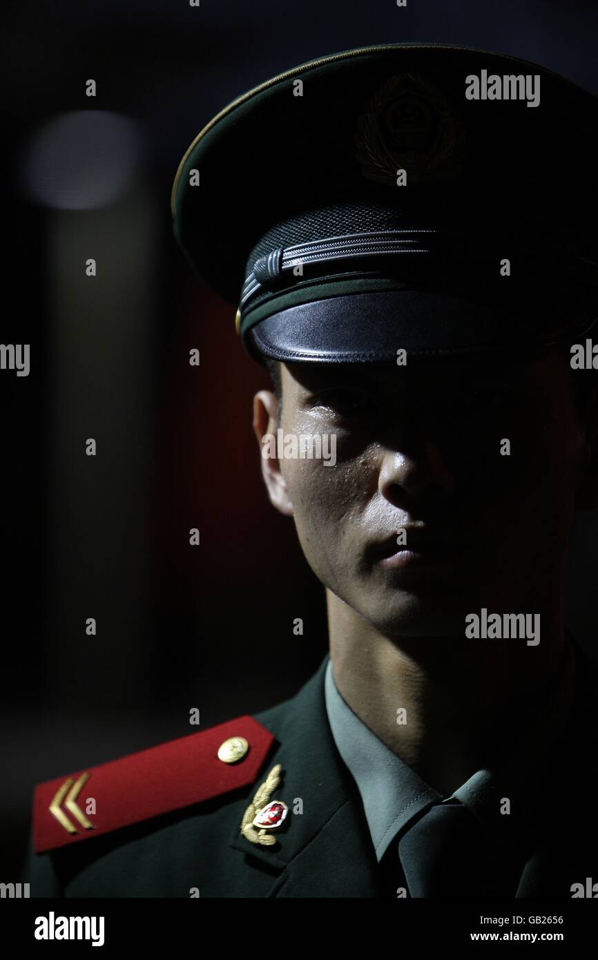 A soldier stands guard during the Opening Ceremony of the 2008 Olympic ...